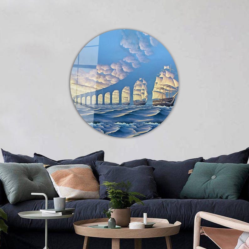 Surrealist Glass Wall Art: Sky Bridge & Sailing Ships - Etsy Australia