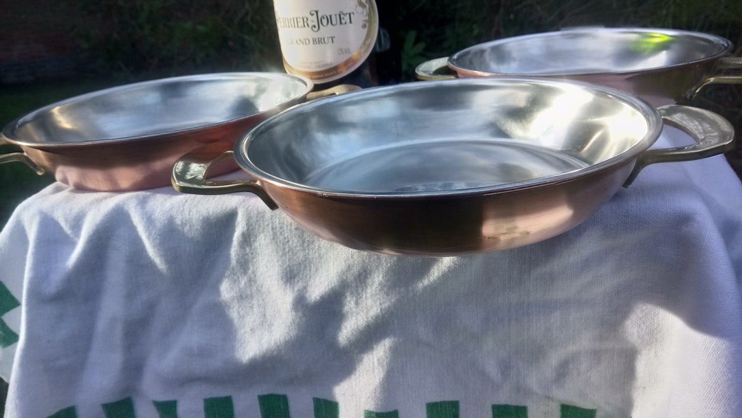 Set of Three Small Round Copper Pans Gratin Dish Brass Handles Swiss ...