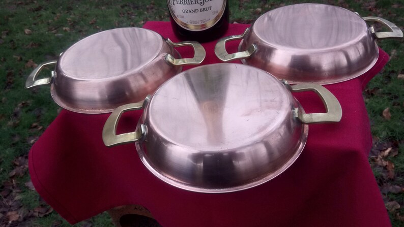 Set of Three Small Round Copper Pans Gratin Dish Brass Handles Swiss ...