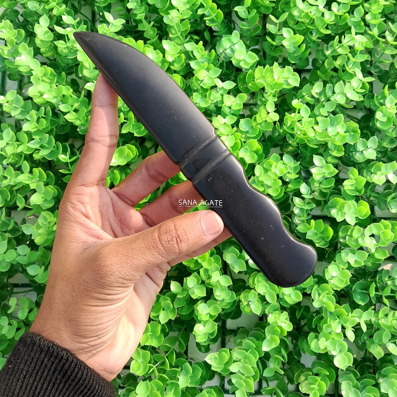 Large Black Agate Stone Knife Crystal Knives Lava Blade Home Decoration ...