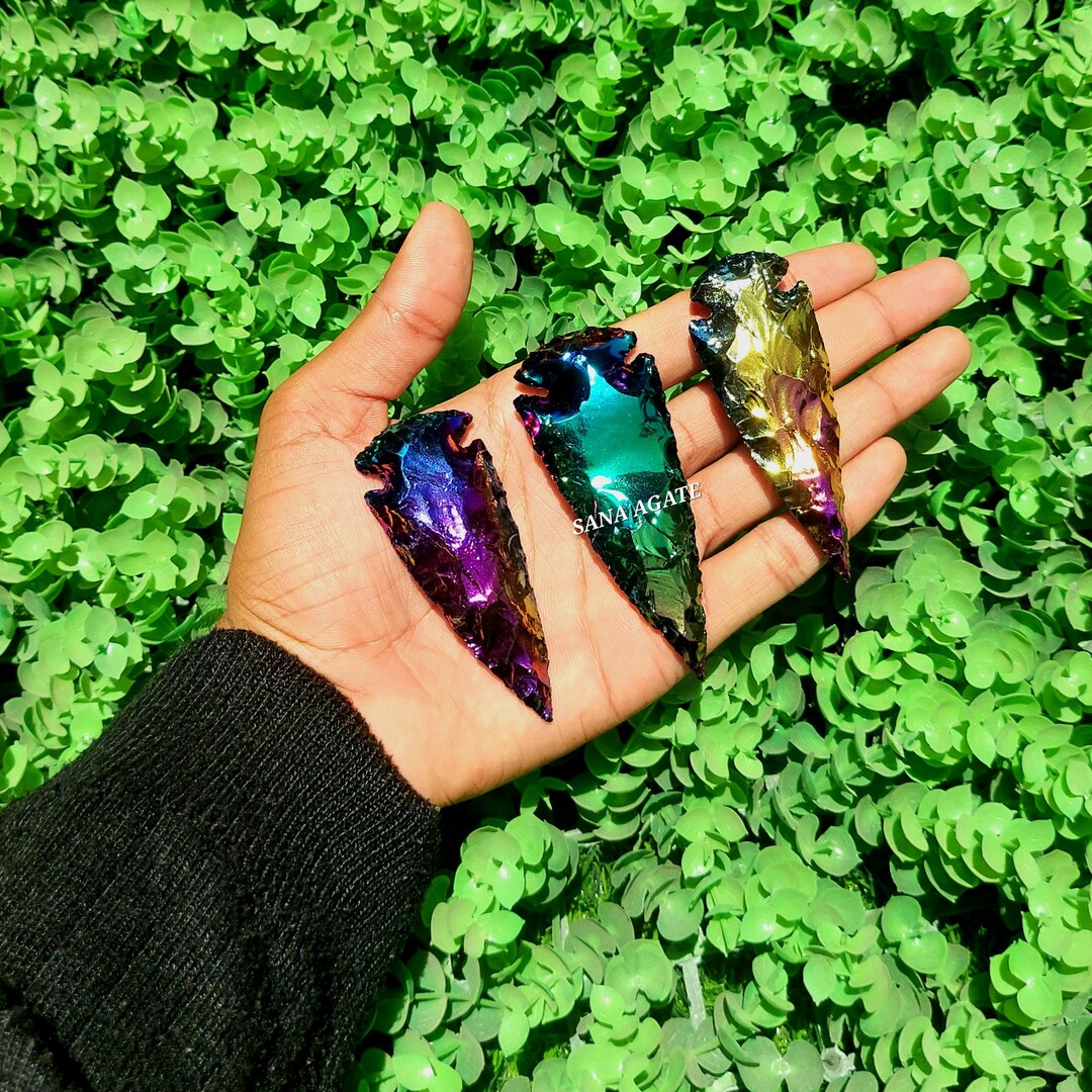 3pcs Titanium Aura Obsidian Arrowhead Points: Rainbow Coated Display ...