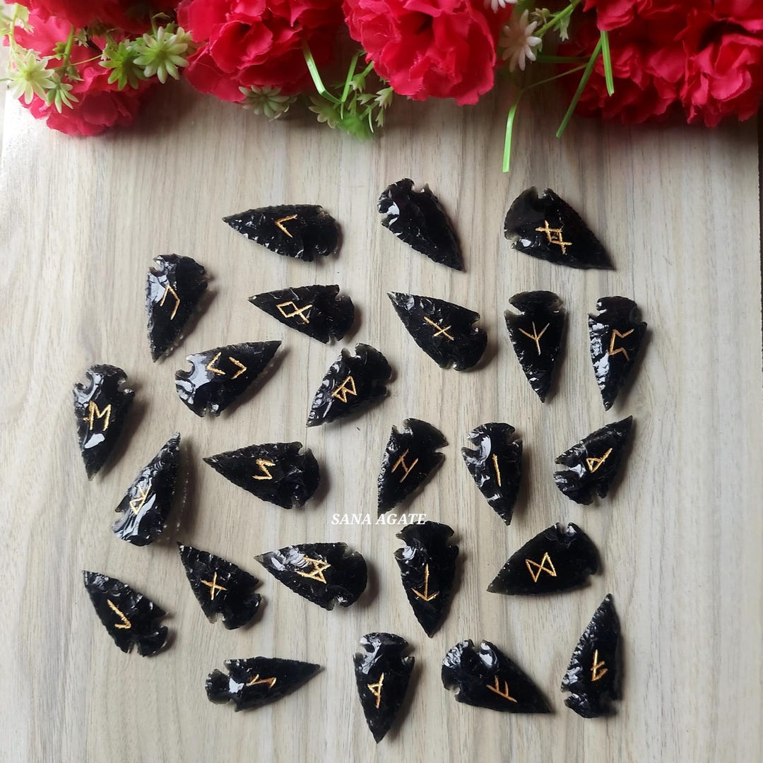 Black Obsidian Arrowhead Rune Set - 25pcs Rune Set - Elder Futhrak Rune ...