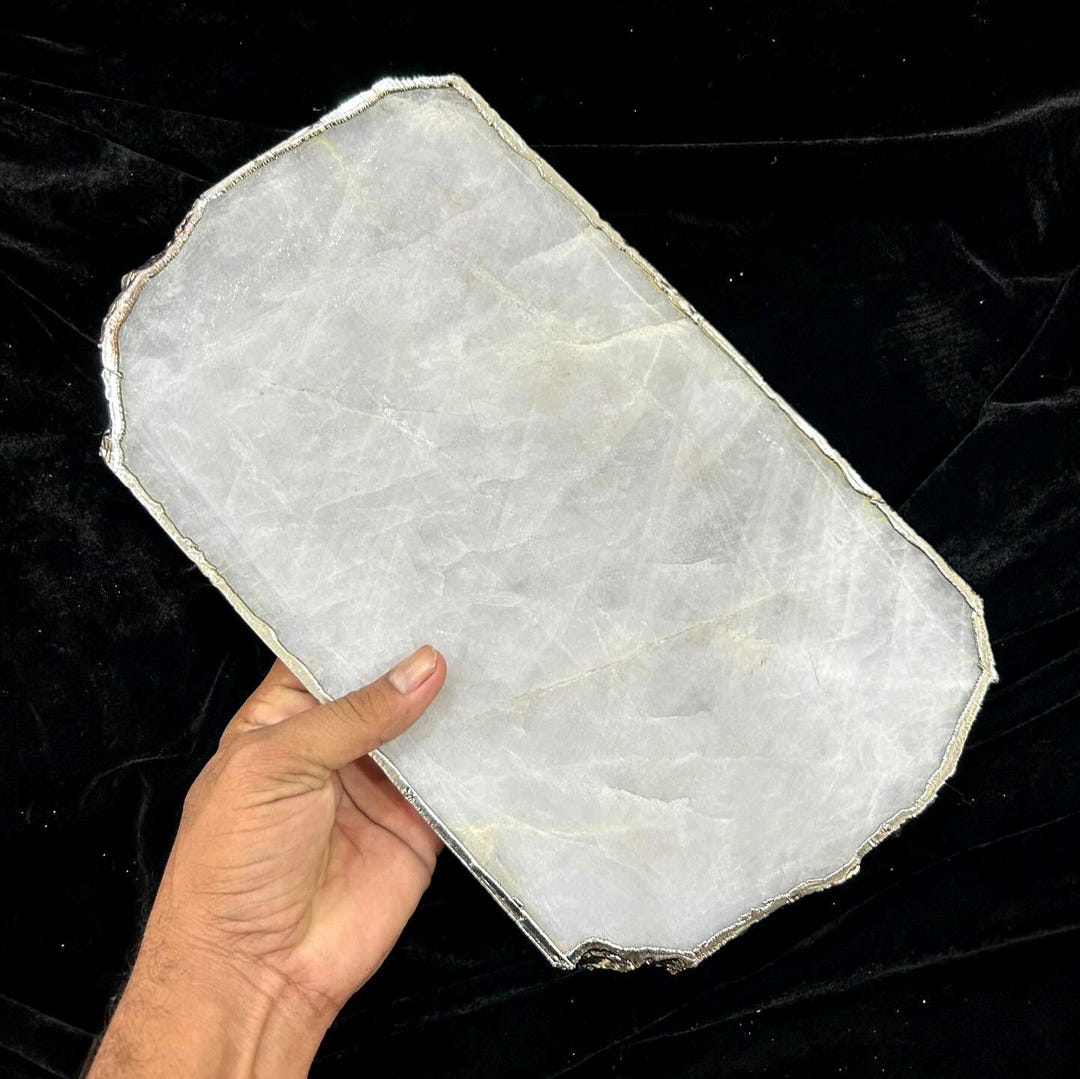 10" Large White Agate Cheese Platter With Silver Rim - White Agate Slab ...