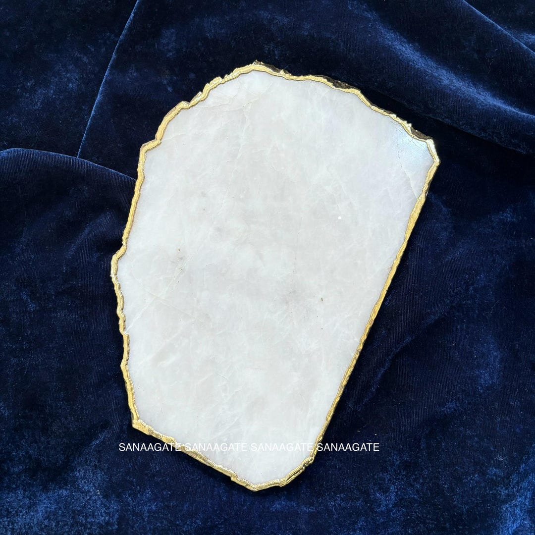 10” Large White Agate Cheese Platter With Golden Rim - White Agate Slab ...