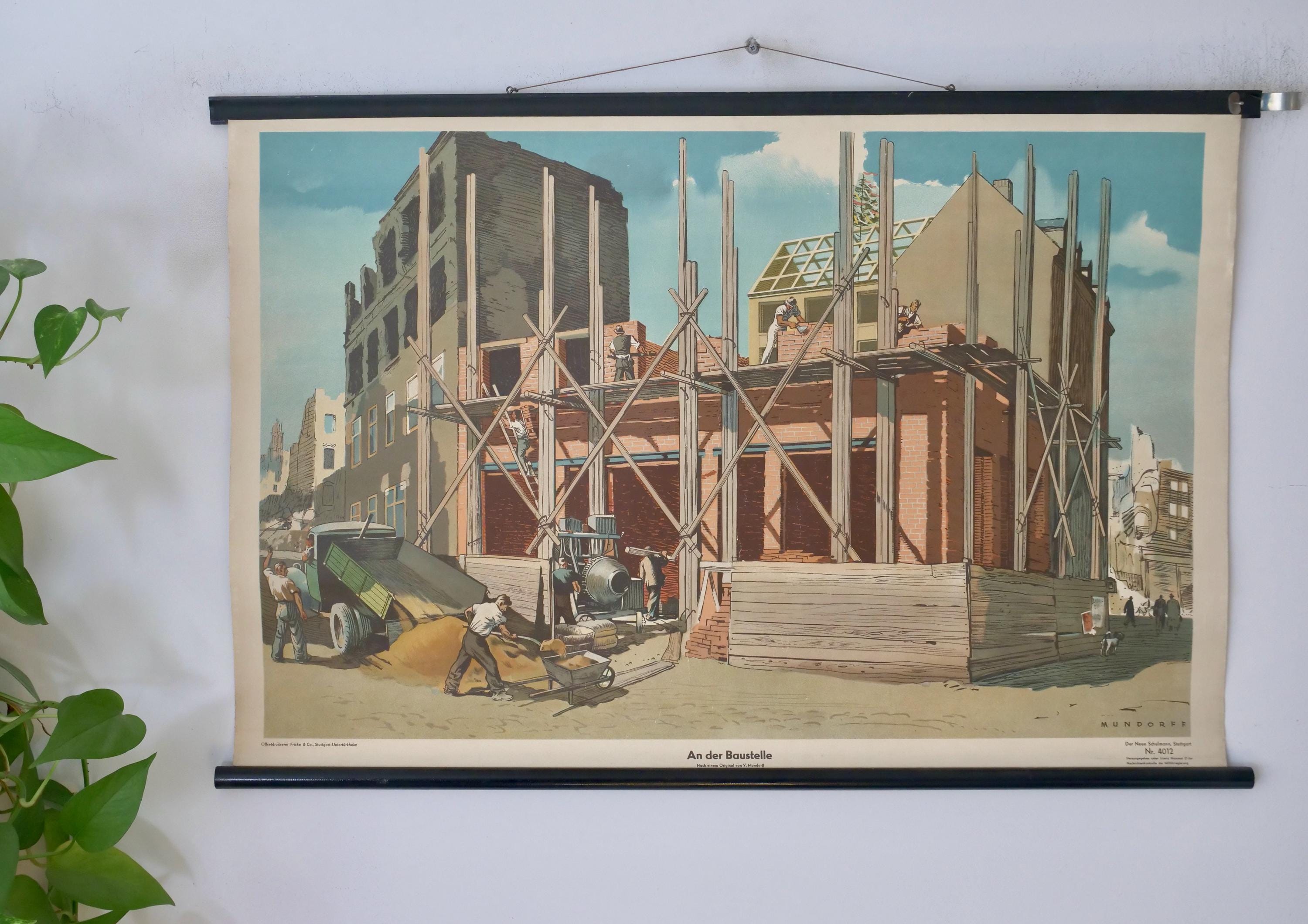 Vintage School Chart "construction Site - an Der Baustelle" Original ...