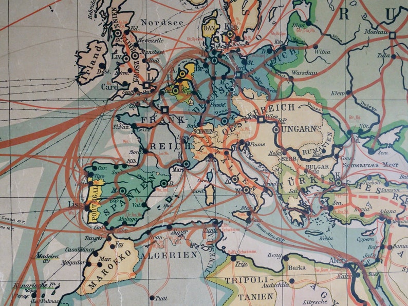 Vintage School Wall Chart Huge WORLD MAP 1908 Original Educational ...