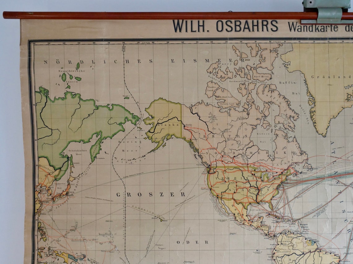 Vintage School Wall Chart Huge WORLD MAP 1908 Original Educational ...