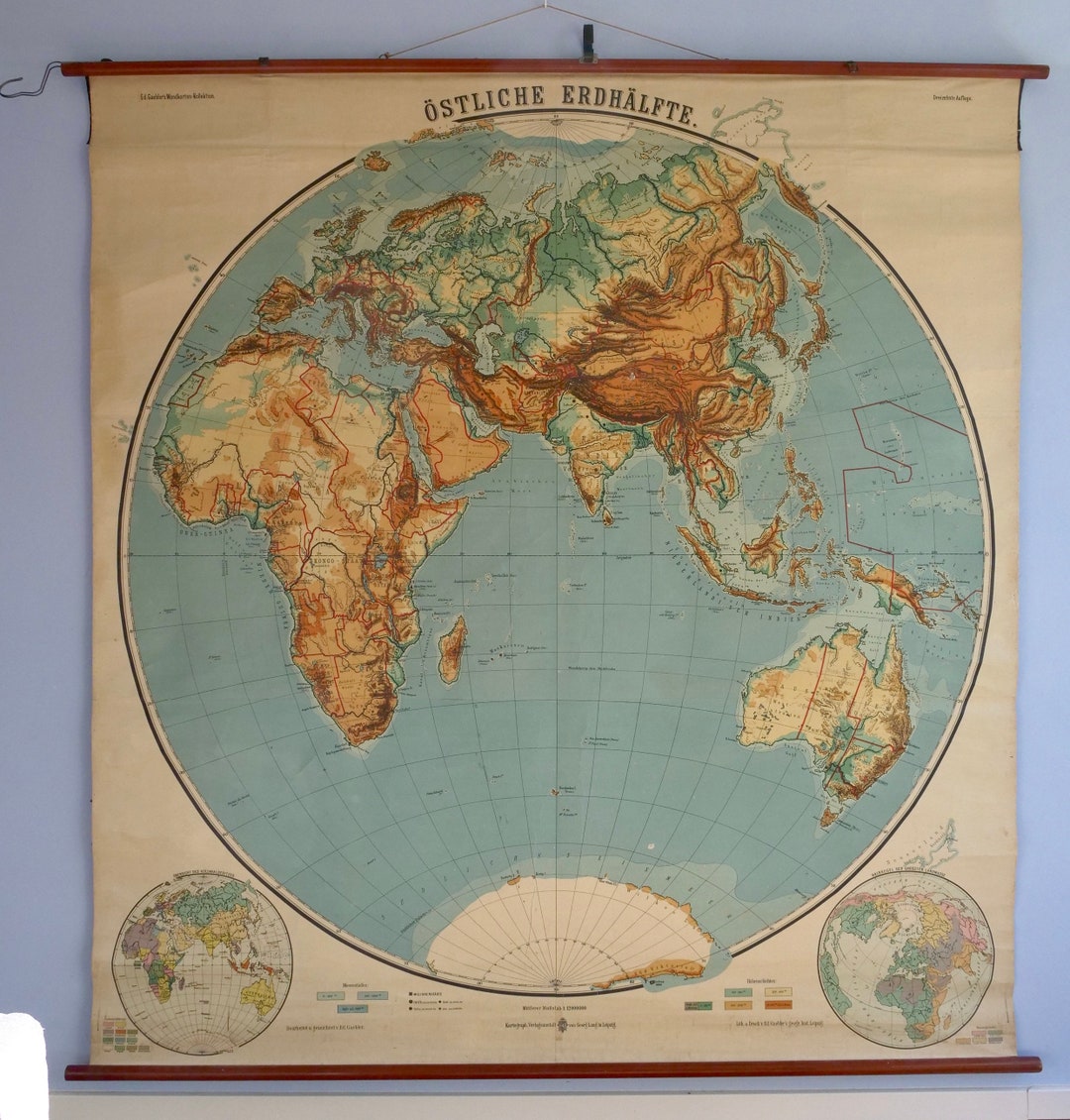 Vintage School Wall Chart EASTERN HEMISPHERE PLANIGLOBE 1912 Ed Gäbler ...