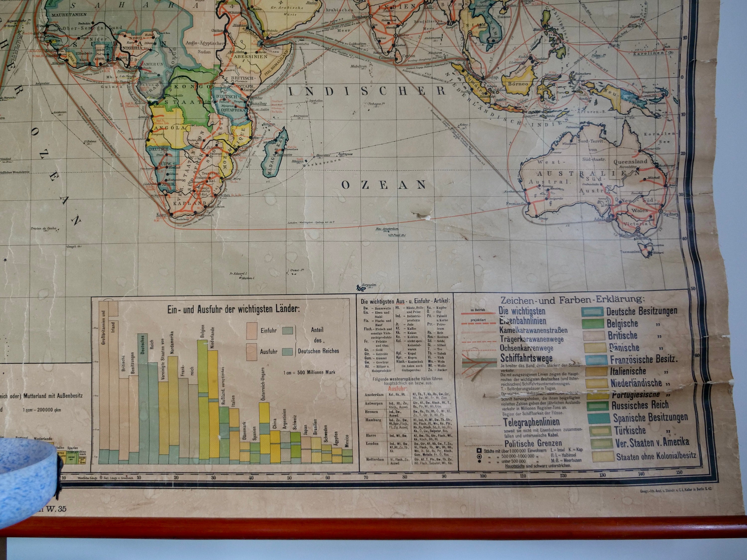 Vintage School Wall Chart Huge WORLD MAP 1908 Original Educational ...