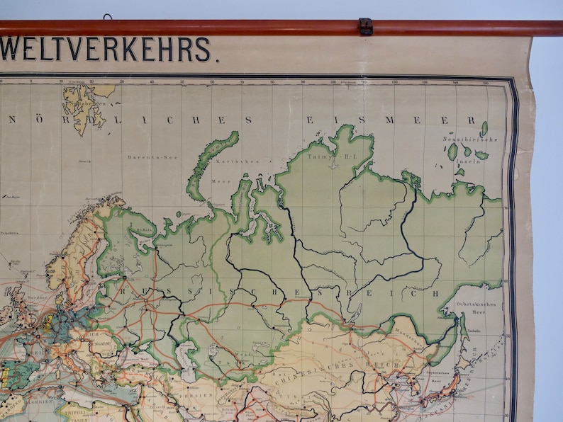 Vintage School Wall Chart Huge WORLD MAP 1908 Original Educational ...