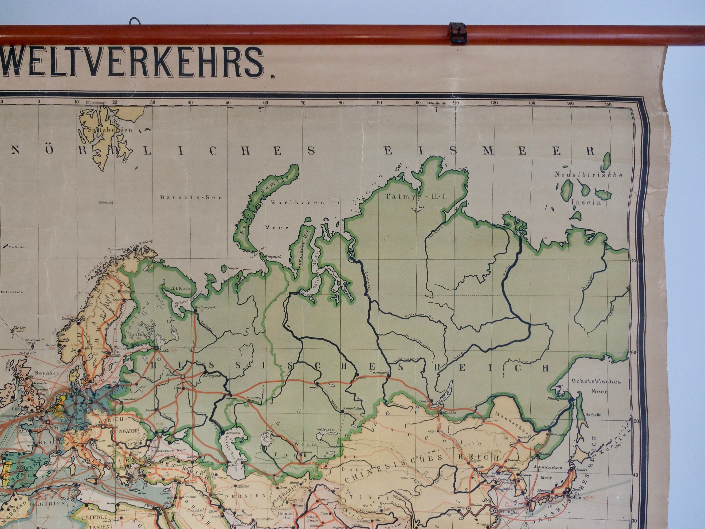 Vintage School Wall Chart Huge WORLD MAP 1908 Original Educational ...