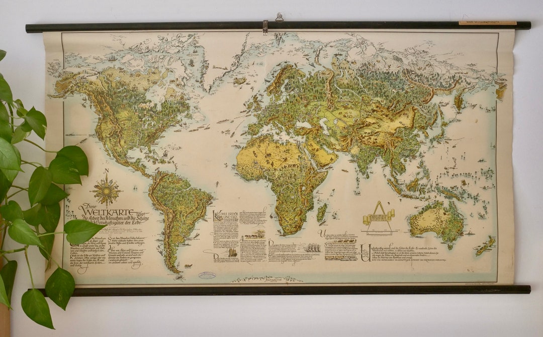 Vintage School Wall Chart WORLD MAP 1947 Economy Coal Ore Original ...