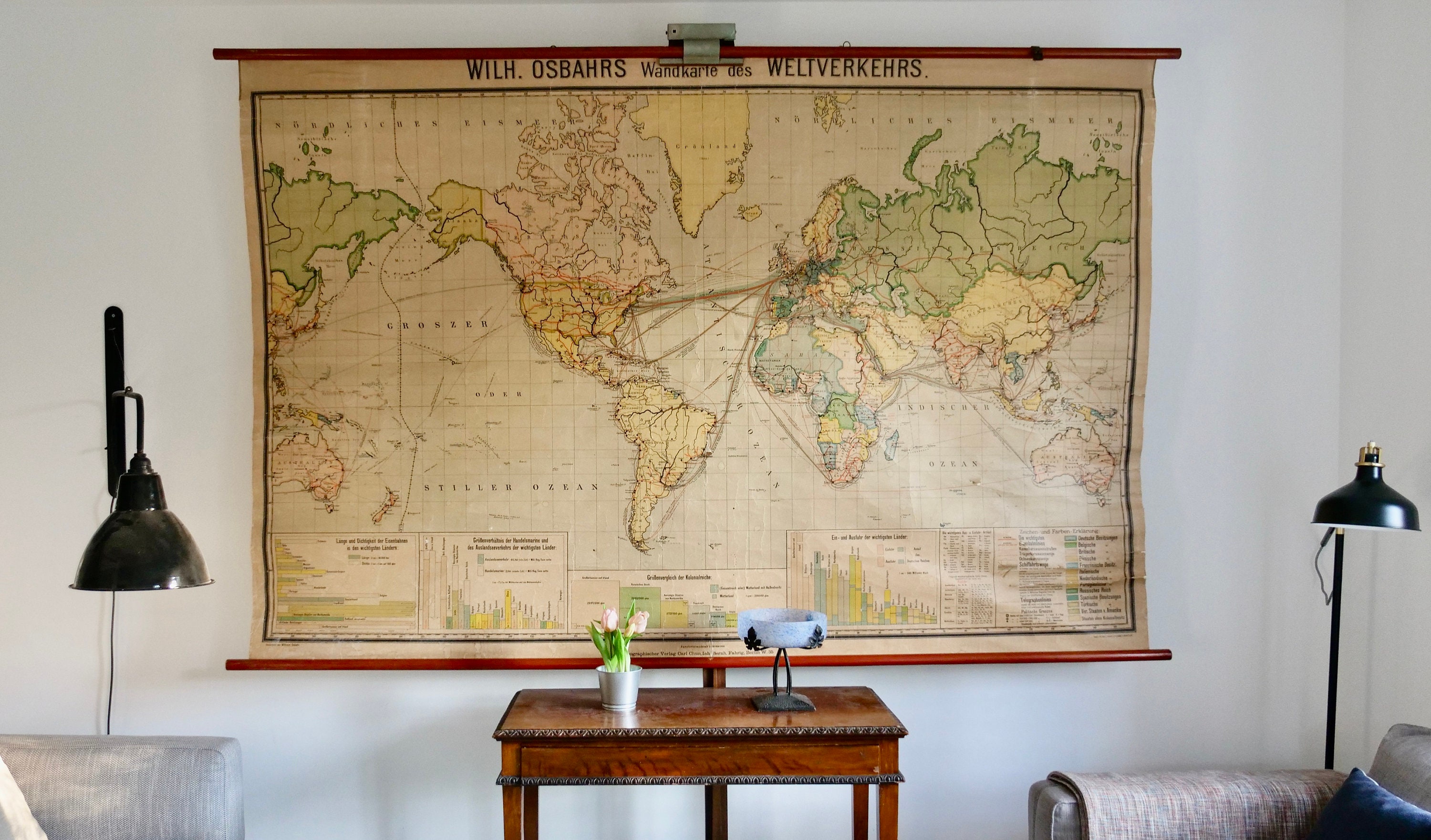 Vintage School Wall Chart Huge WORLD MAP 1908 Original Educational ...