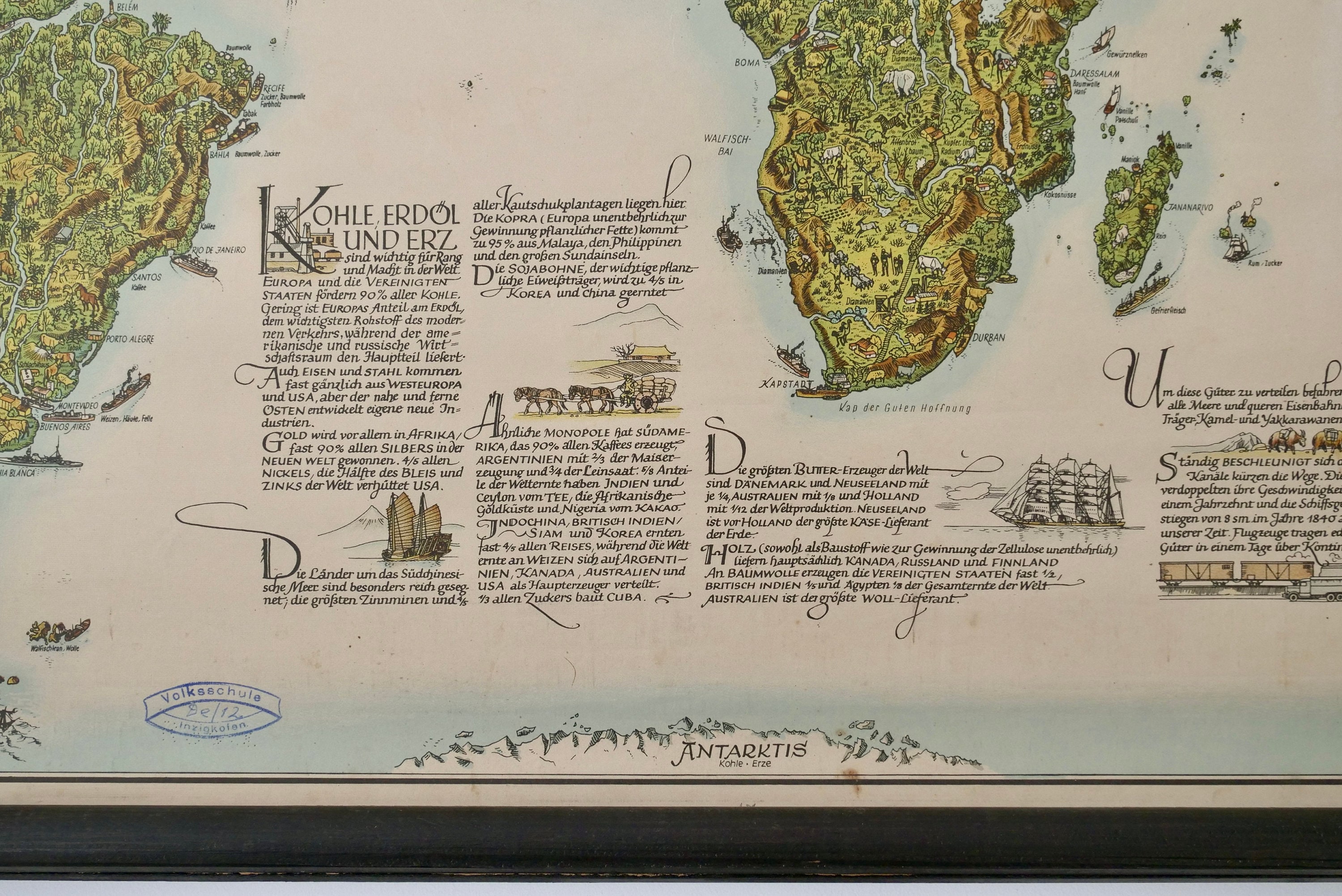 Vintage School Wall Chart WORLD MAP 1947 Economy Coal Ore Original ...