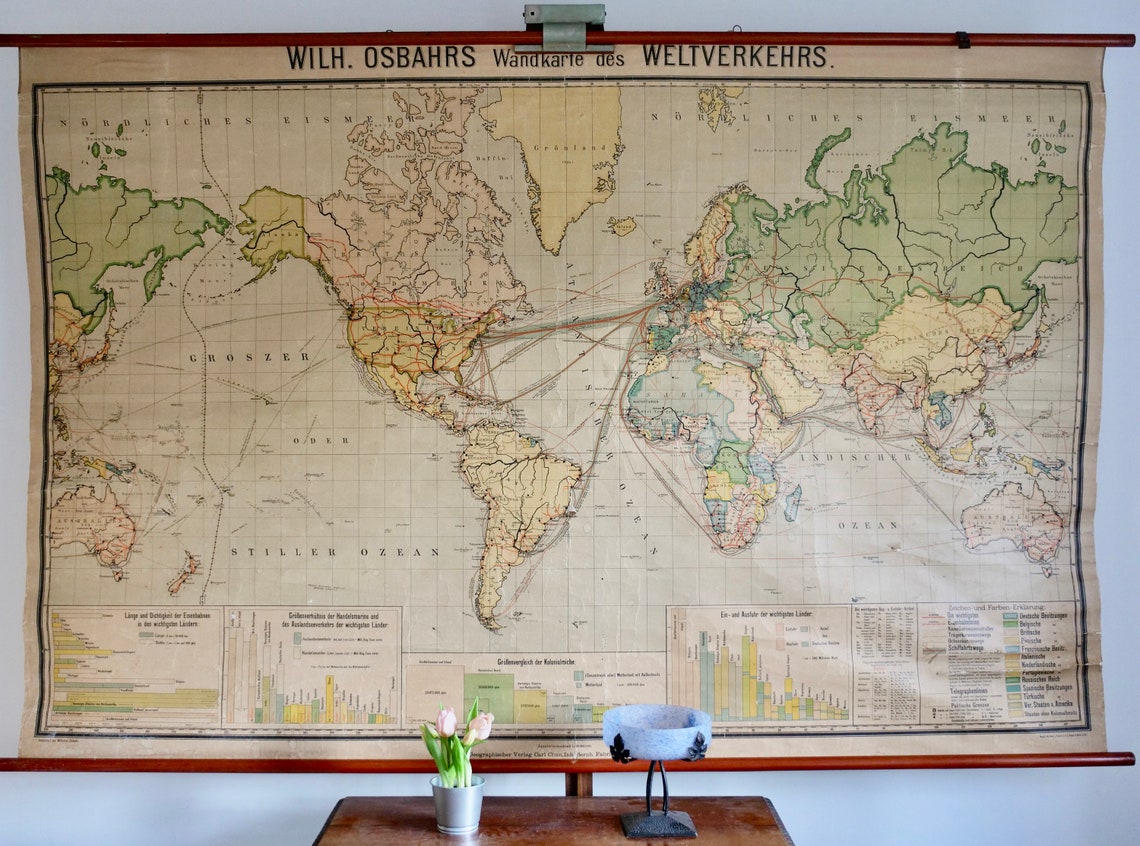 Vintage School Wall Chart Huge WORLD MAP 1908 Original Educational ...