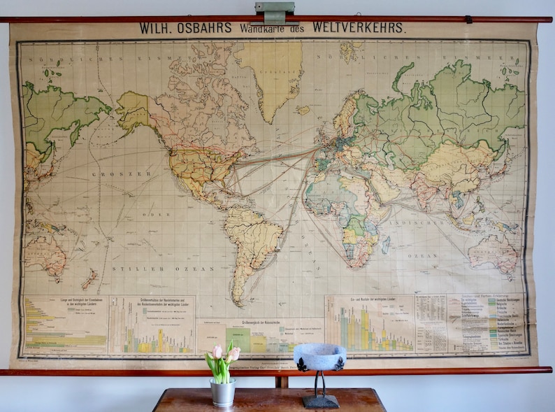 Vintage School Wall Chart Huge WORLD MAP 1908 Original Educational ...