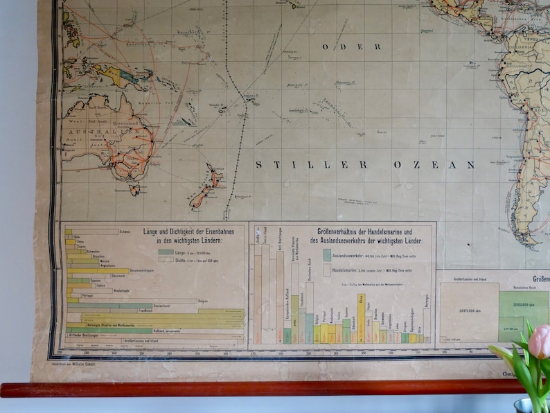 Vintage School Wall Chart Huge WORLD MAP 1908 Original Educational ...