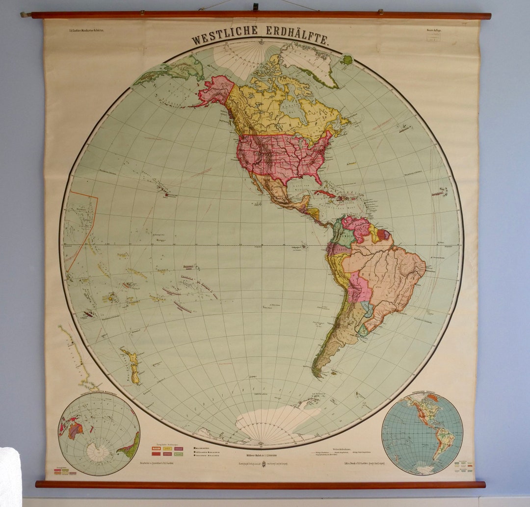 Vintage School Wall Chart WESTERN HEMISPHERE PLANIGLOBE 1912 Ed Gäbler ...