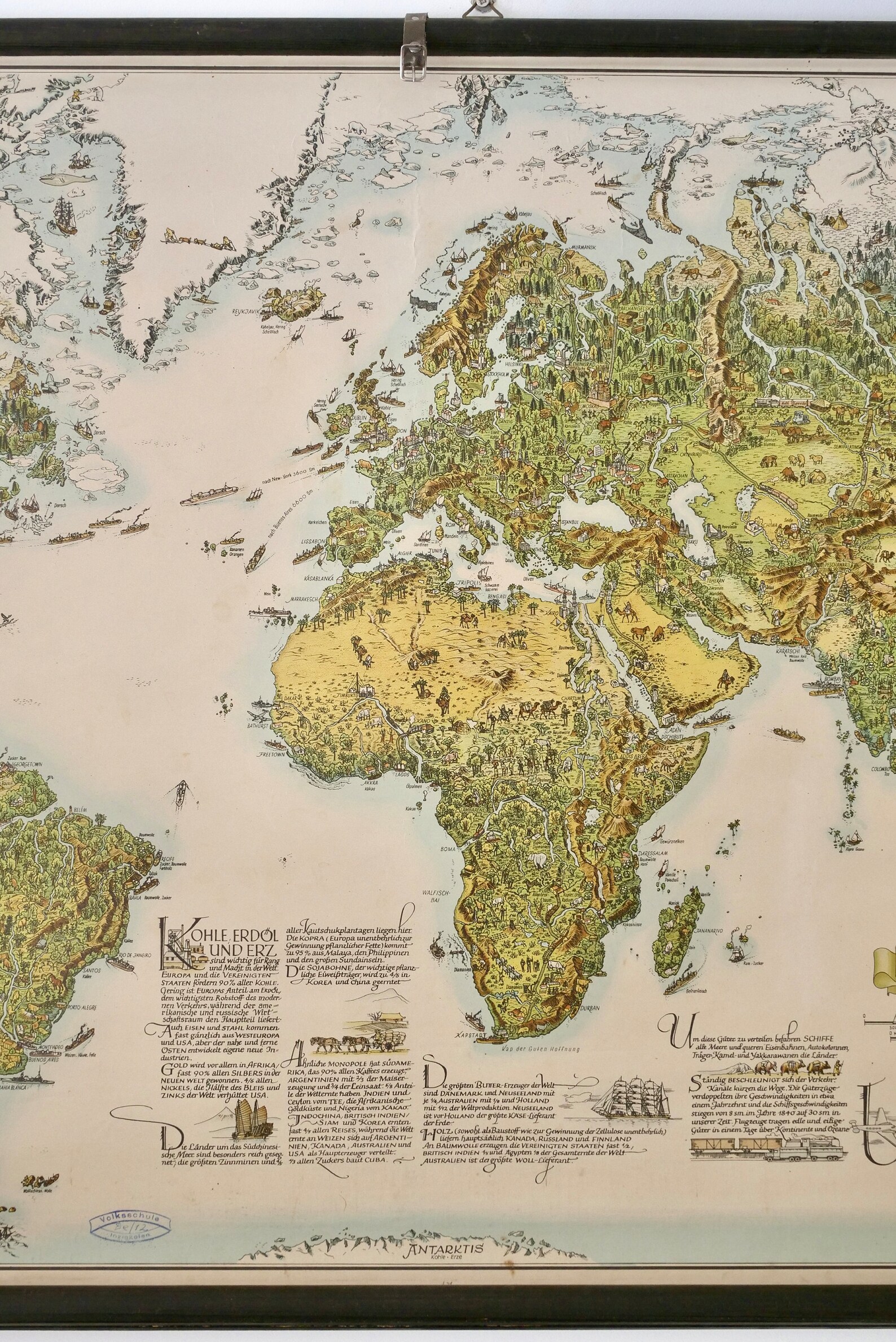 Vintage School Wall Chart WORLD MAP 1947 Economy Coal Ore Original ...