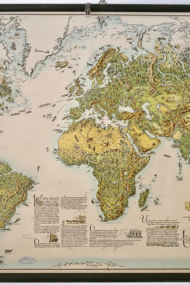 Vintage School Wall Chart WORLD MAP 1947 Economy Coal Ore Original ...