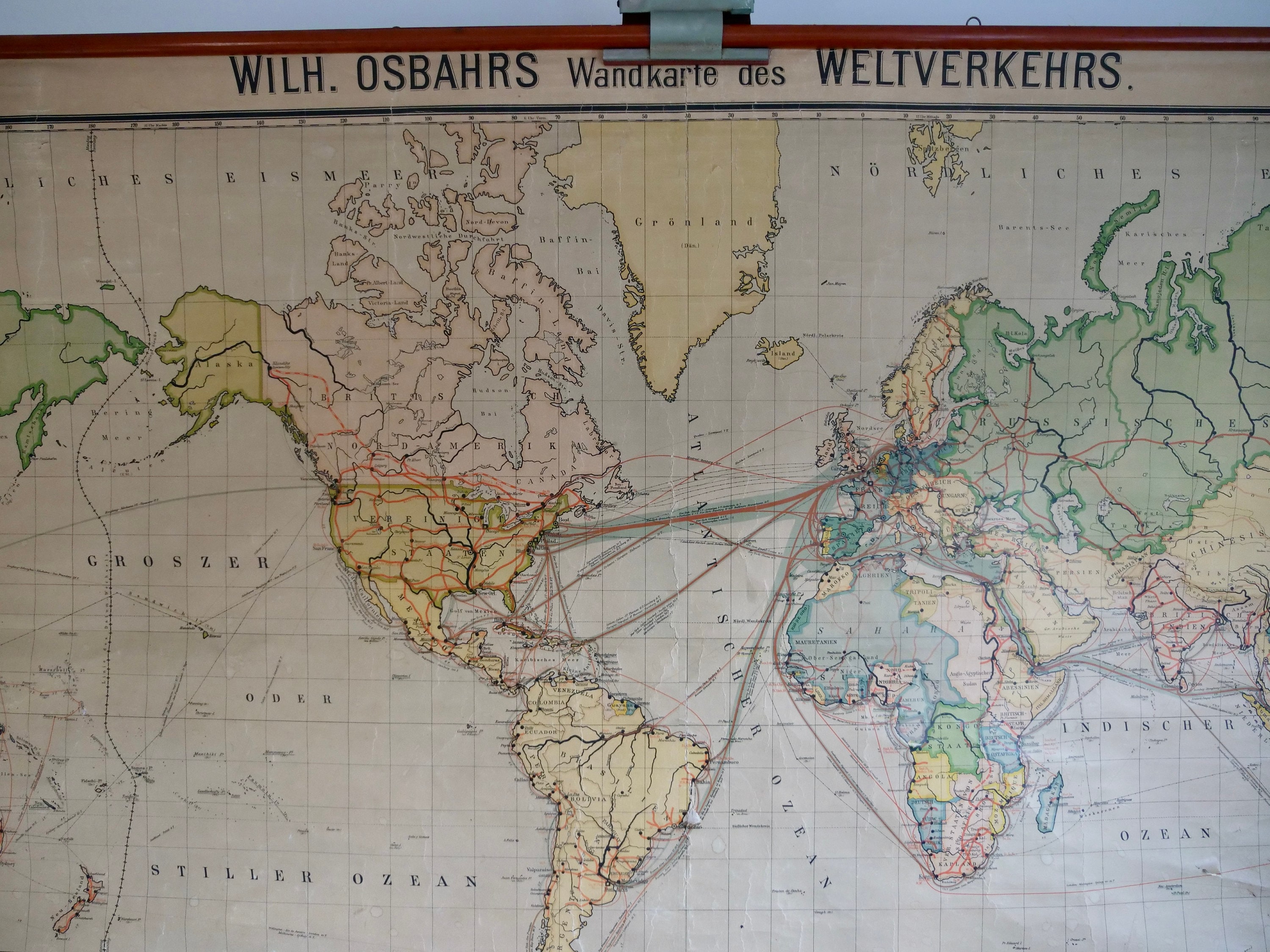 Vintage School Wall Chart Huge WORLD MAP 1908 Original Educational ...