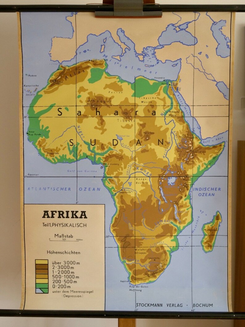 Vintage AFRICA AFRIKA School Chart Physical Map Original Educational ...