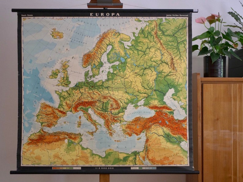 Vintage School Wall Chart EUROPE PHYSICAL Map Original Educational ...