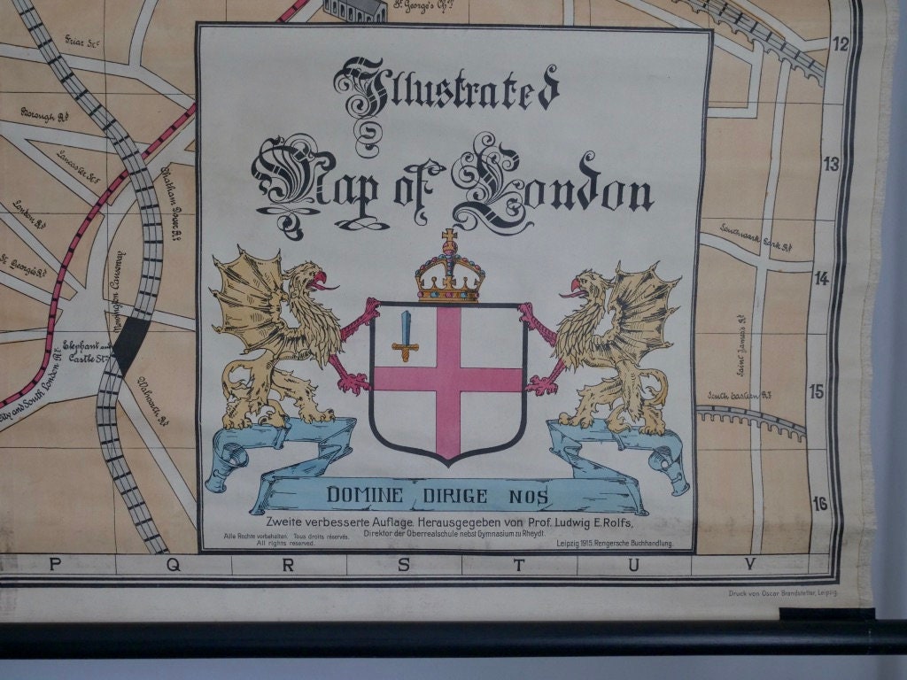 Vintage School Wall Chart Huge ILLUSTRATED MAP of LONDON 1915 Original ...