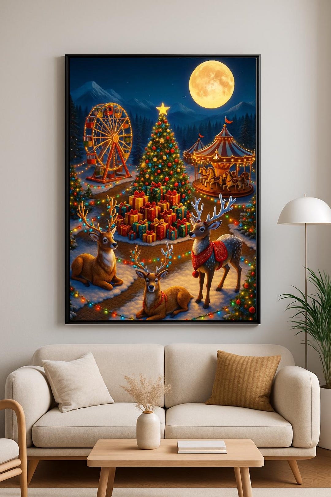 Christmas Carnival Night Print: Reindeer, Ferris Wheel, Holiday Decor ...