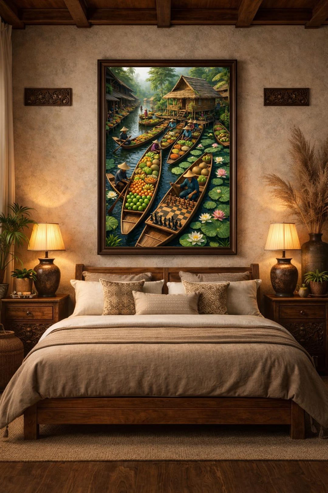 3D Asian Floating Market Wall Art – Serene Village Scene (digital ...