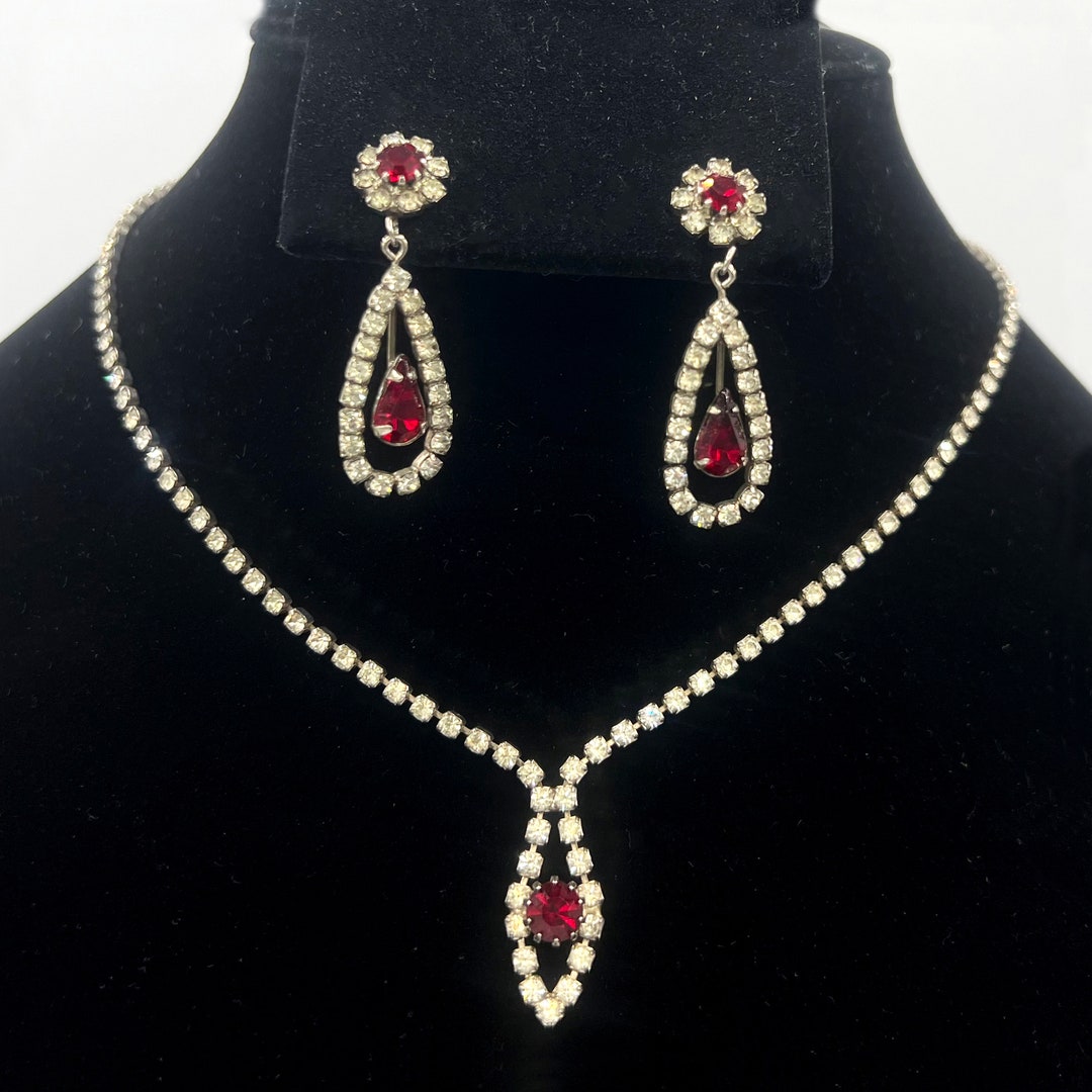 Vintage Clear With Red Rhinestones Necklace and Earring Set - Prom ...