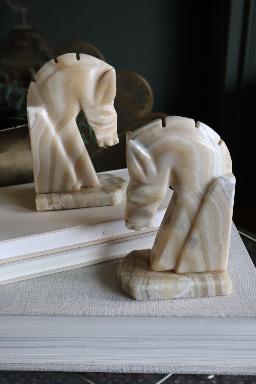 Vintage Onyx Horse Head Bookends | MCM Midcentury Modern Stone Horse ...