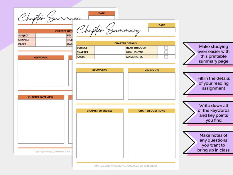 Chapter Summary Printable Planner Pages Student Planner Reading ...