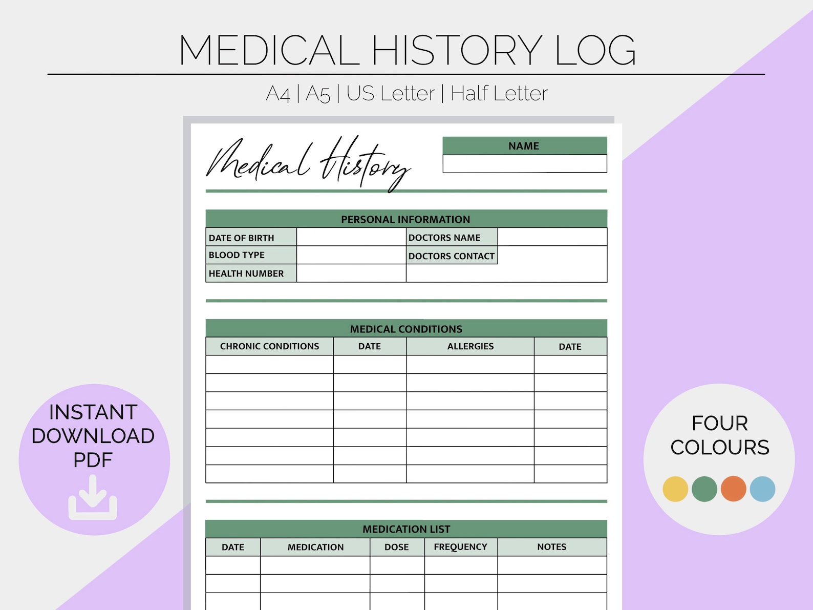 Medical History Log Printable Planner Pages Healthcare Record Medical ...
