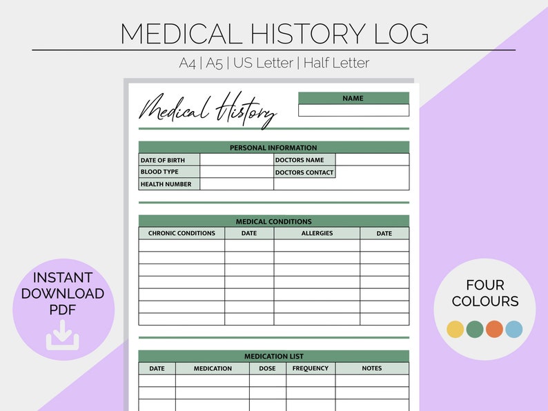 Medical History Log Printable Planner Pages Healthcare Record Medical ...