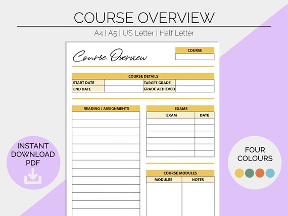 Course Overview Printable Planner Pages Student Planner | Etsy
