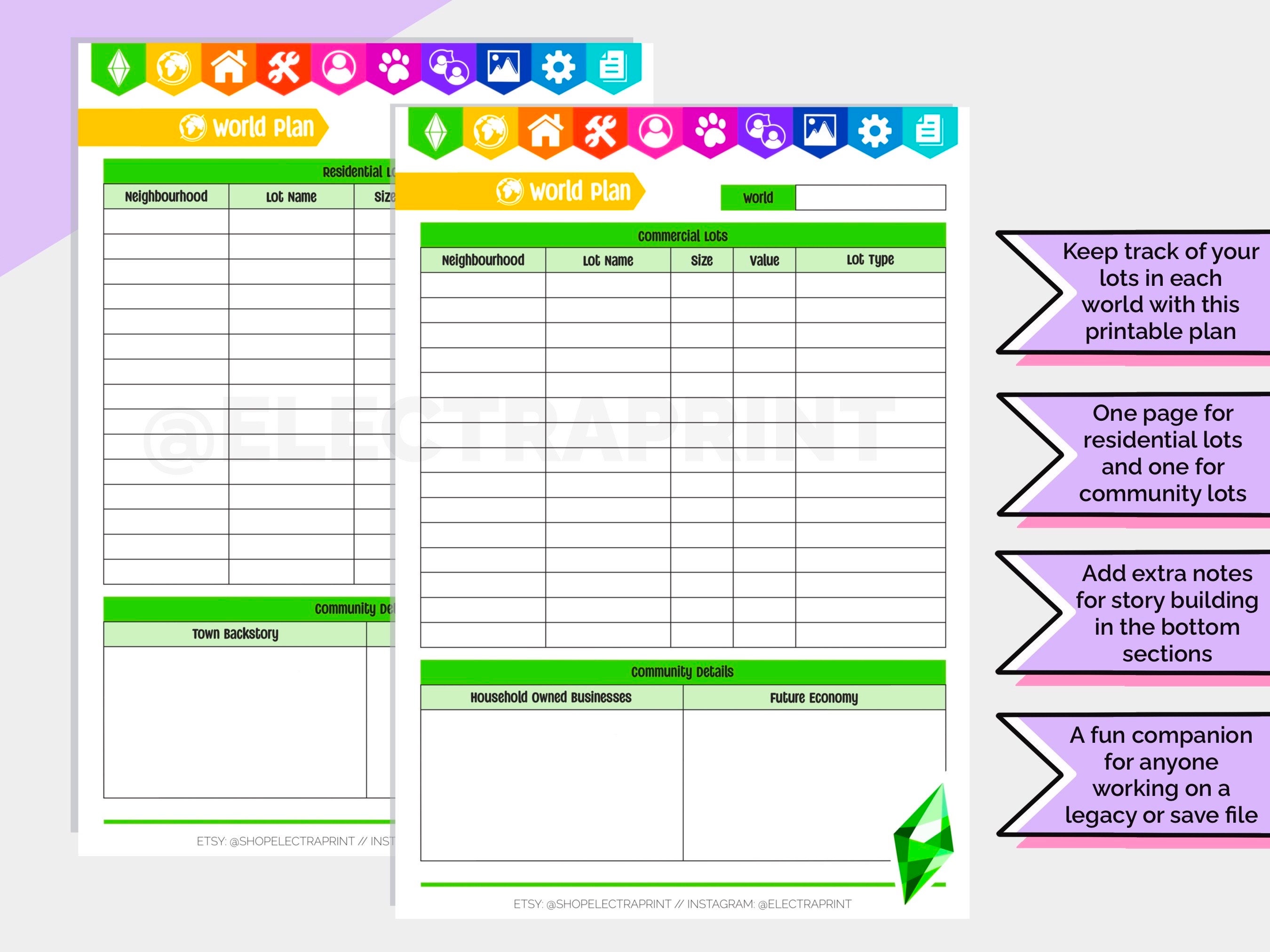 The Sims 4: World Plan Printable Planner Pages Hobby Tracker Gamer Log ...