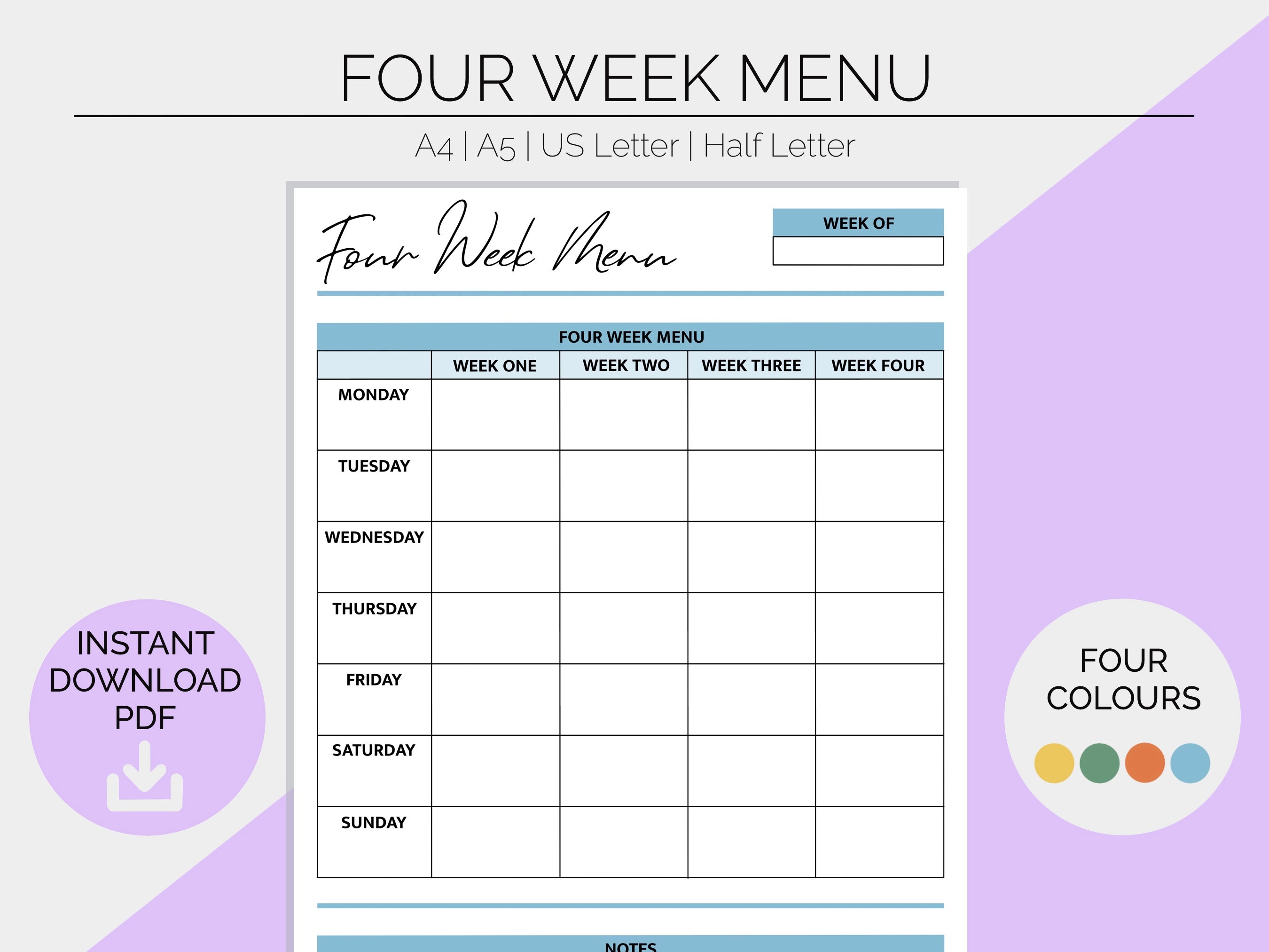 Four Week Meal Planner Printable Planner Pages Menu Food Log L Diet ...