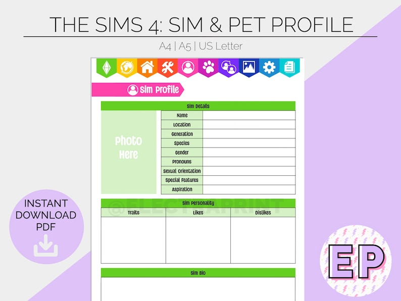 Sims 4 Sim & Pet Profile: Printable Gamer Planner (digital Download) - Etsy