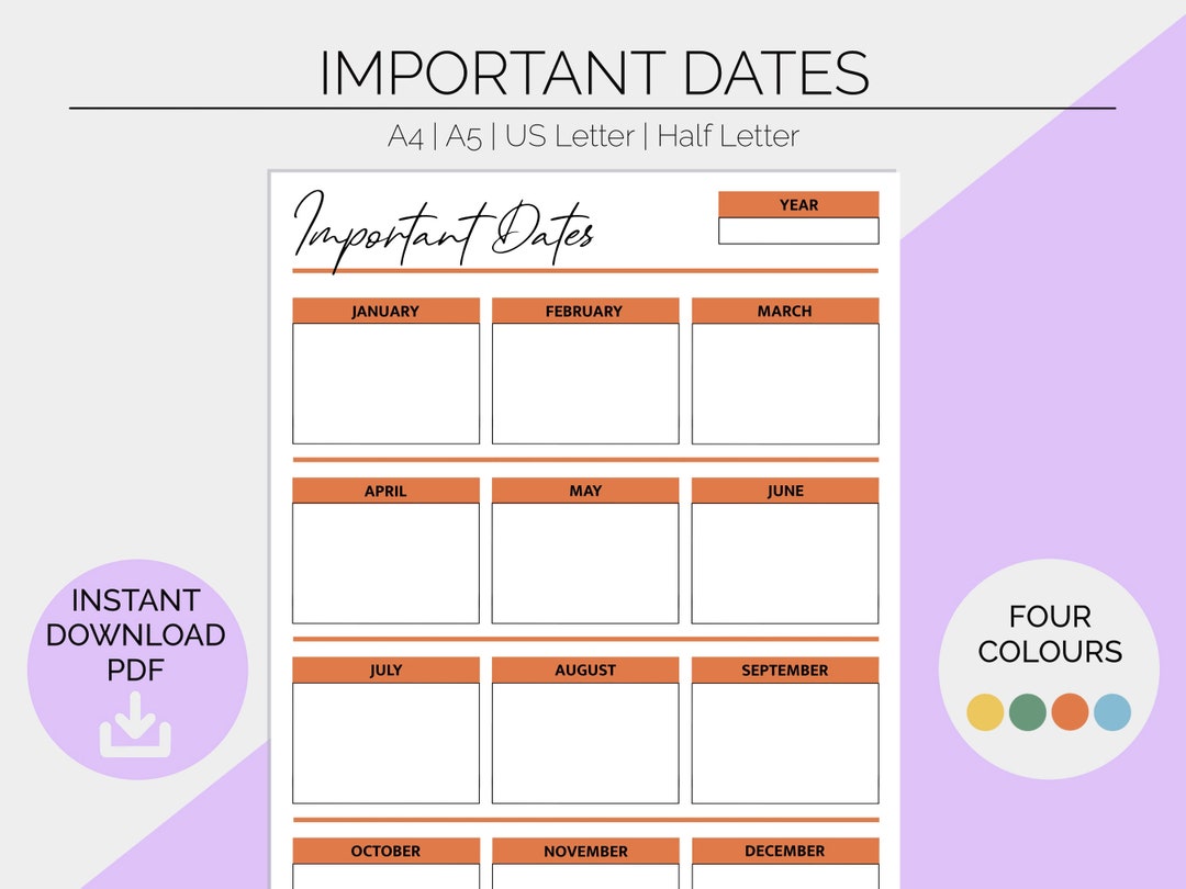Important Dates List Printable Planner Pages Life Admin Home ...