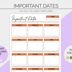 Important Dates List Printable Planner Pages Life Admin Home ...