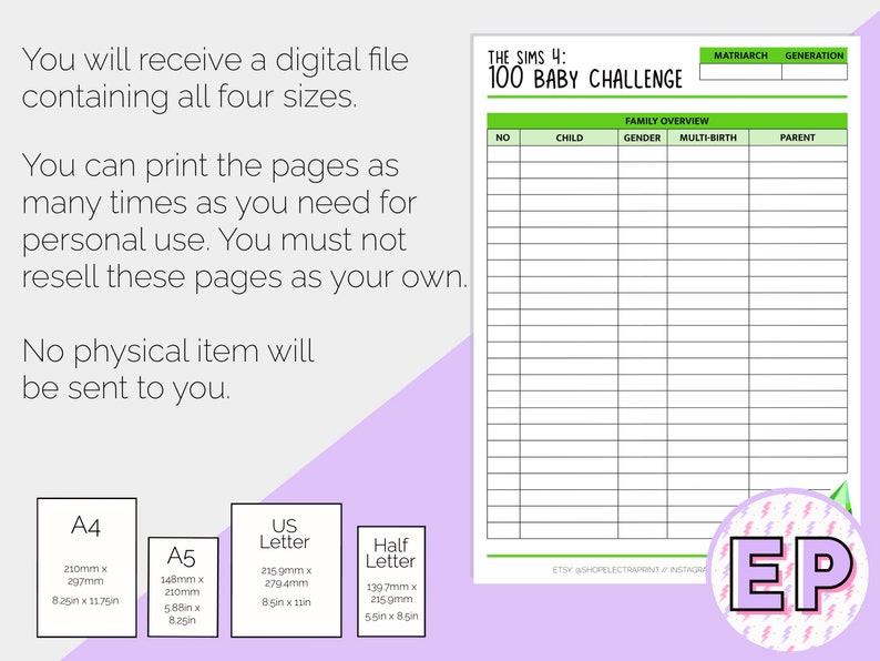 The Sims 4 100 Baby Challenge Printable Planner Pages - Etsy Hong Kong