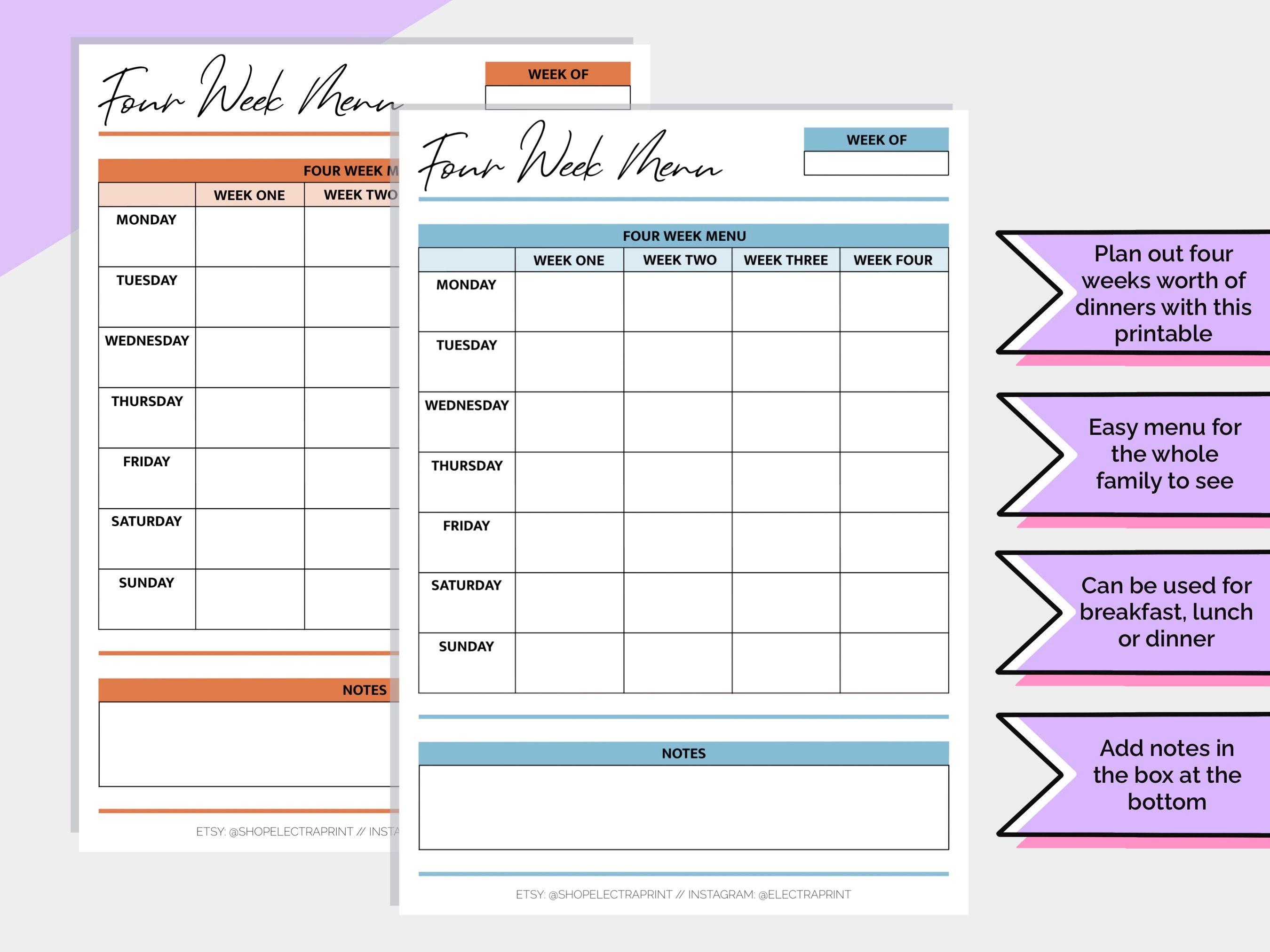 Four Week Meal Planner Printable Planner Pages Menu Food Log L Diet ...