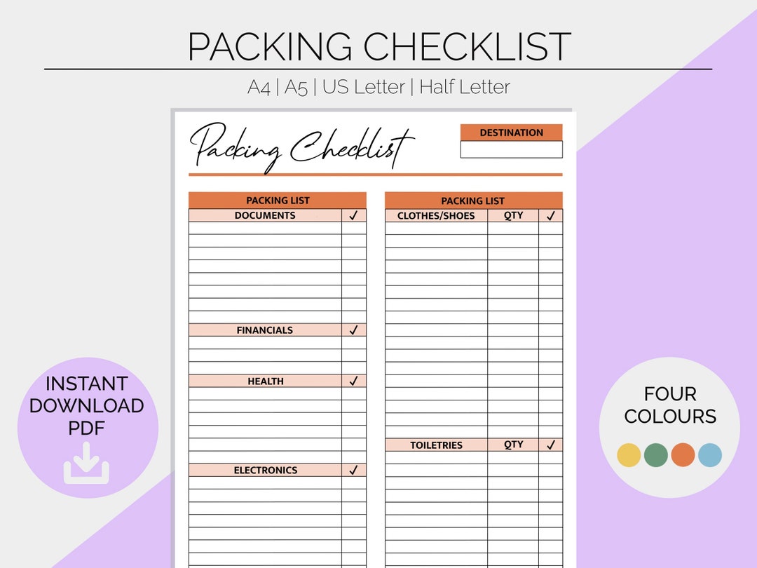 Packing Checklist Printable Planner Pages Hobby Holiday Vacation Action ...