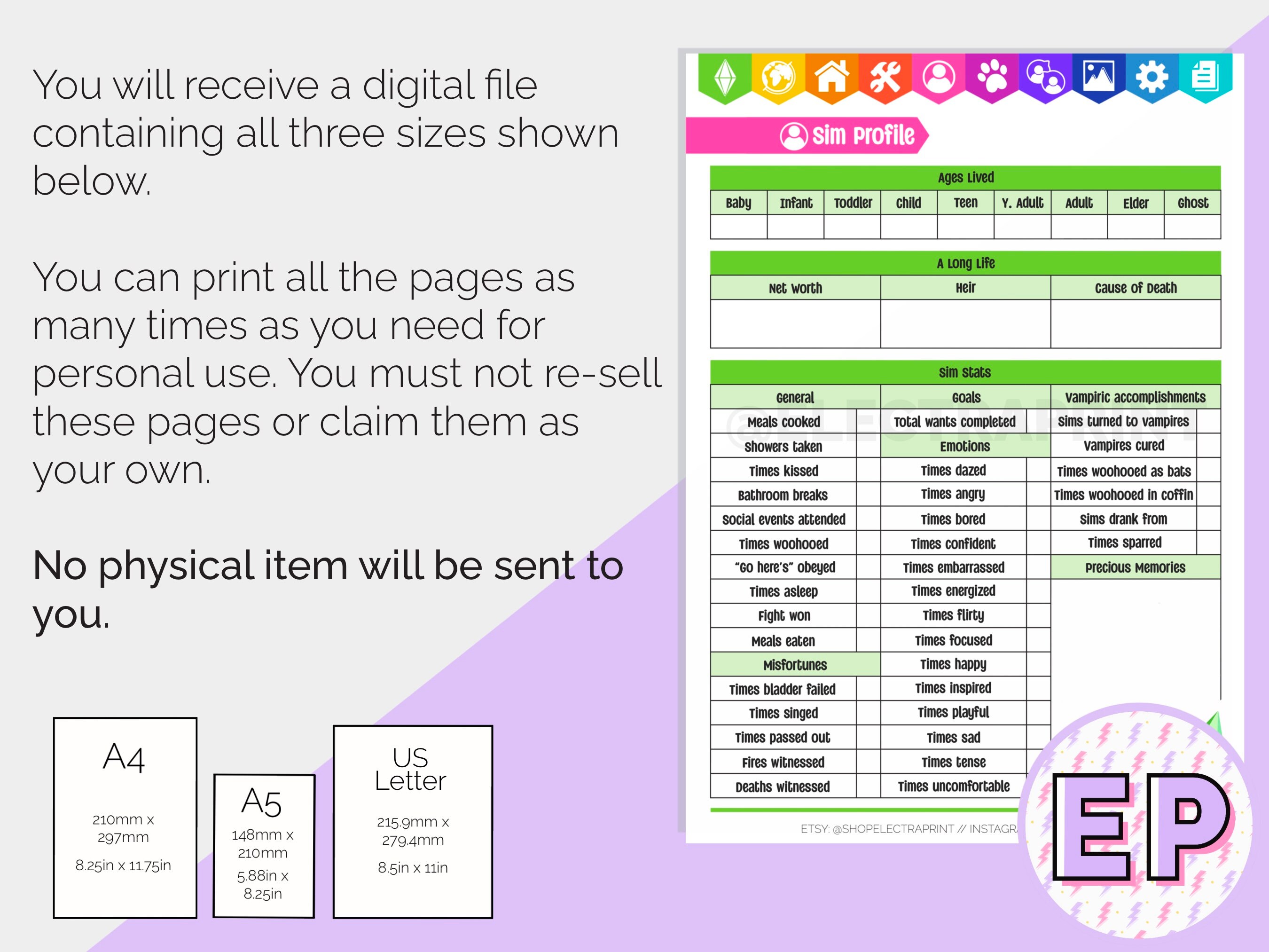 The Sims 4 Sim & Pet Profile Printable Planner Pages Hobby - Etsy Australia