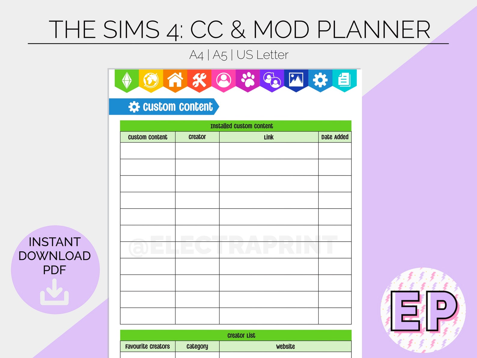 The Sims 4: CC & Mod Plan | Printable Planner Pages | Hobby Tracker ...