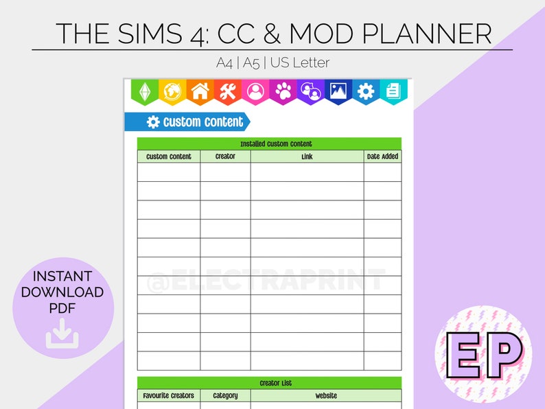 The Sims 4: CC & Mod Plan Printable Planner Pages Hobby Tracker Gamer ...