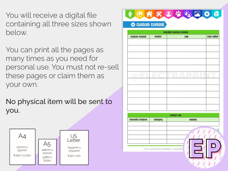 The Sims 4: CC & Mod Plan Printable Planner Pages Hobby Tracker Gamer ...