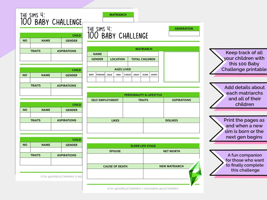 The Sims 4 100 Baby Challenge Printable Planner Pages - Etsy Canada