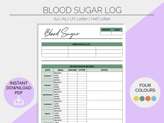 Blood Sugar Log Printable Planner Pages Healthcare Record | Etsy